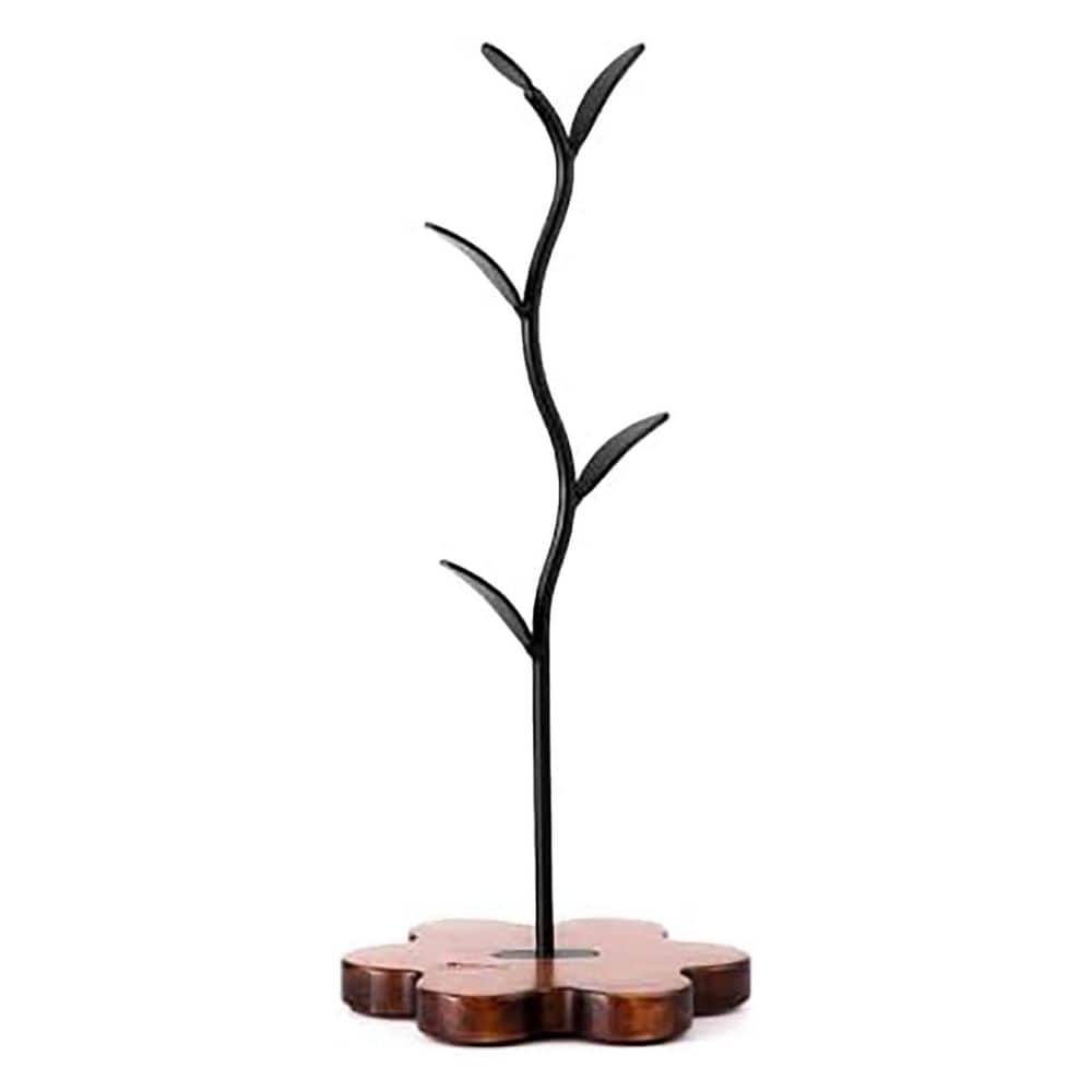 Anqtovp 4-Hook Black Leaf Shaped Mug Tree with Wooden Base Coffee ...