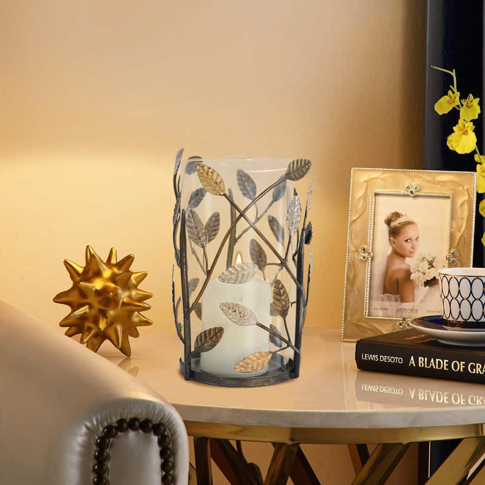 HAWOO 9.5 in. Dark Bronze Metal and Glass Hurricane Candle Holder ...