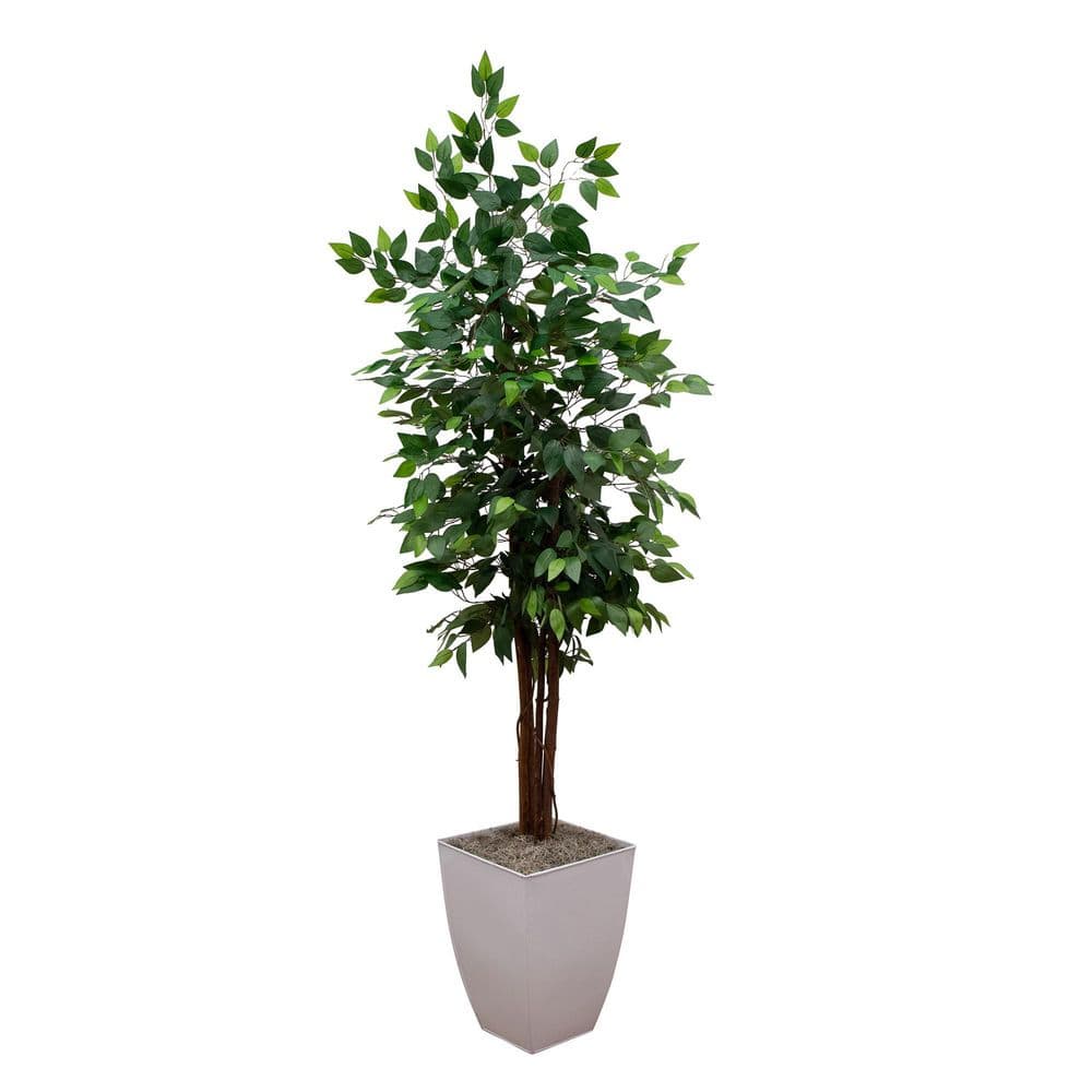 Nearly Natural 6ft. Artificial Double Stalk Ficus Tree in White Metal ...