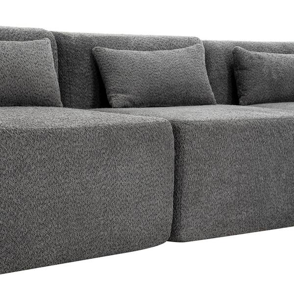 Polibi 143.7 in. Boucle Fabric Square Arm Straight Sectional Sofa in Gray with 2 Chaise Lounge and 5 Back Pillows RS 15687 00R