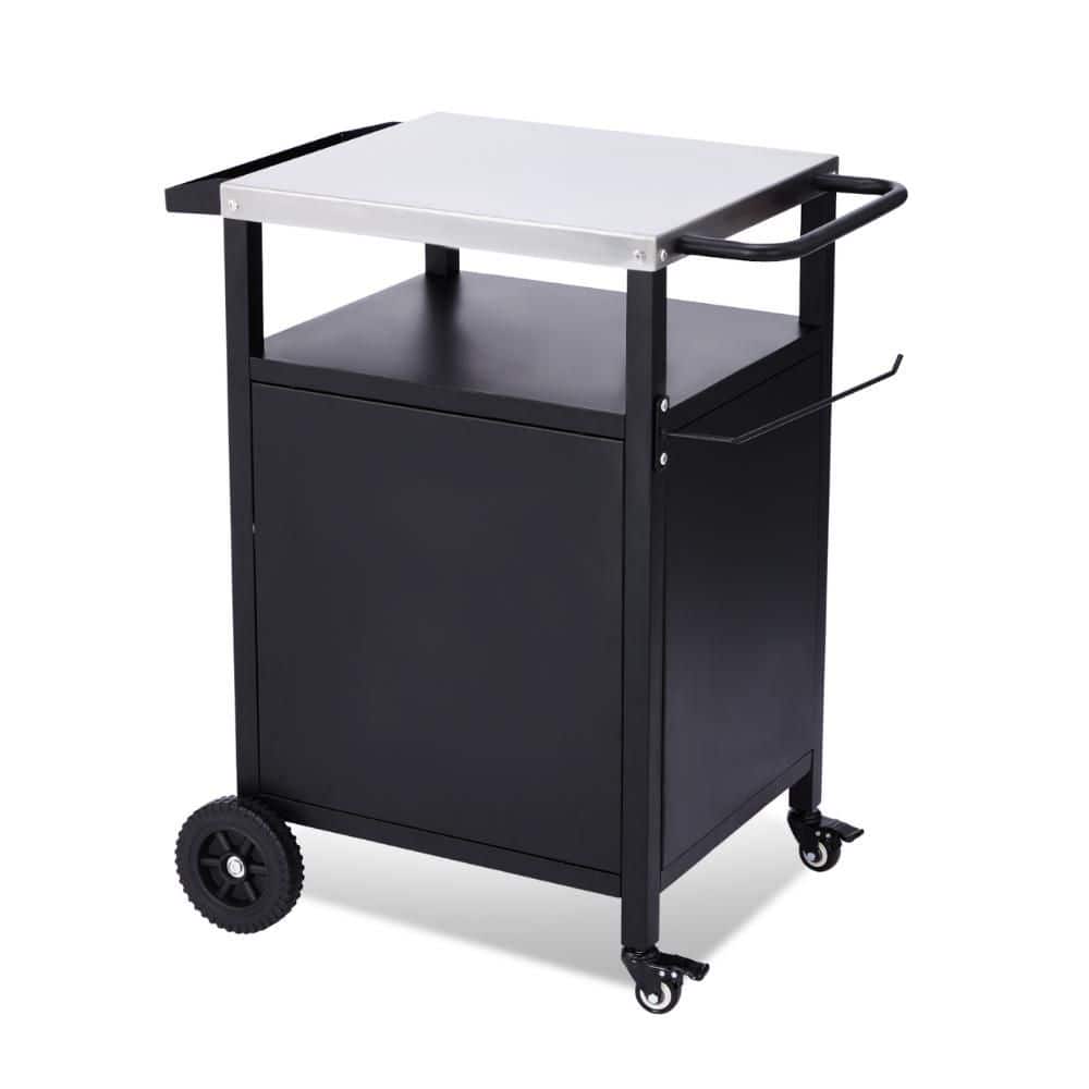 Karl home 4-Wheel Black BBQ Cart with Stainless Steel Top, Single-Door ...