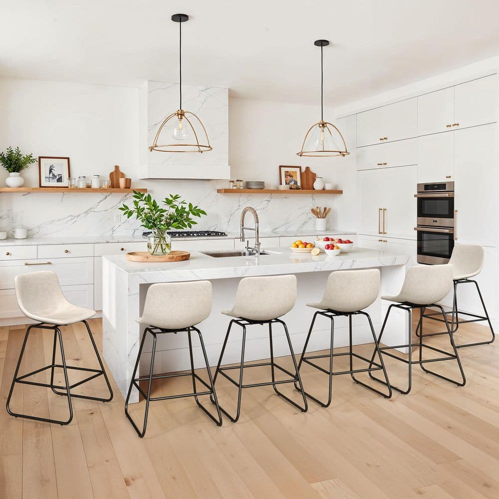 OrangeOne Alex 34.5 in. Linen Fabric Ergonomic Backrest Bar Stools 360 ...