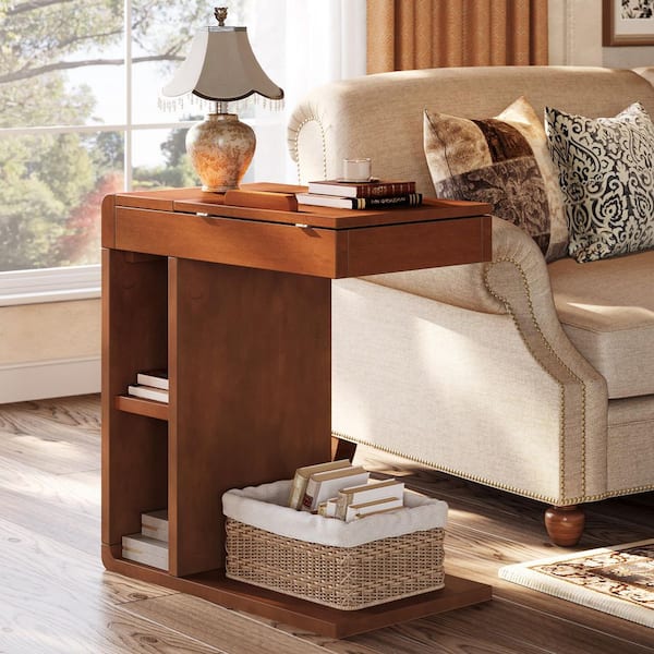 BYBLIGHT Kerlin 23.6 in. Walnut C-Shaped Wood End Table, Farmhouse Side Table with Adjustable ...