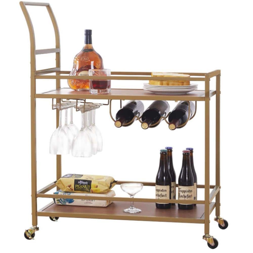 31.5 in. Gold Wood Kitchen Cart with Wheels, Handle, Metal Wood Wine ...