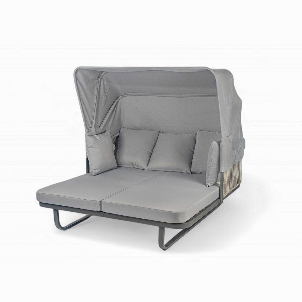 57 in. Metal Outdoor Patio Day Bed Rattan Sunbed with Gray Cushions for ...
