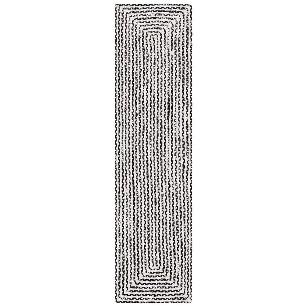SAFAVIEH Braided Black Ivory 2 ft. x 9 ft. Abstract Striped Runner Rug ...