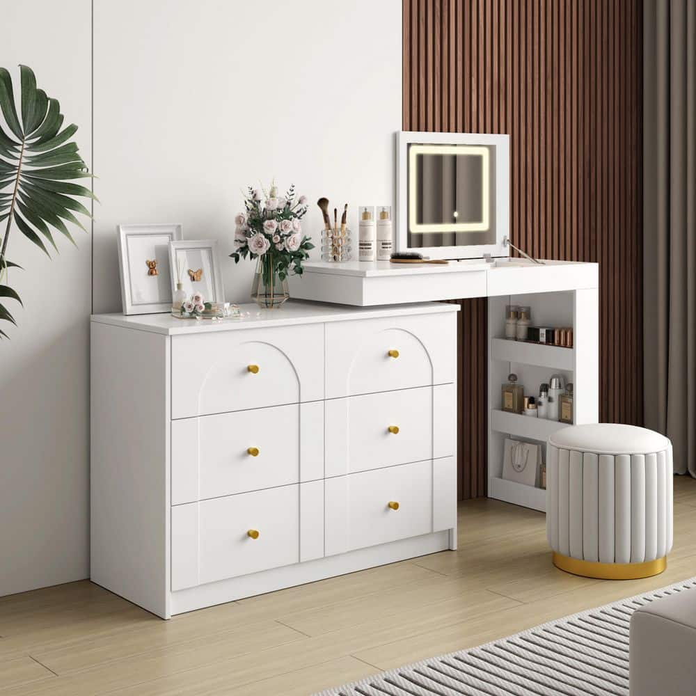 Nestfair White 48 in. W Makeup Vanity with Flip-Top Tabletop and Storage 7 Drawers, Dresser with ...