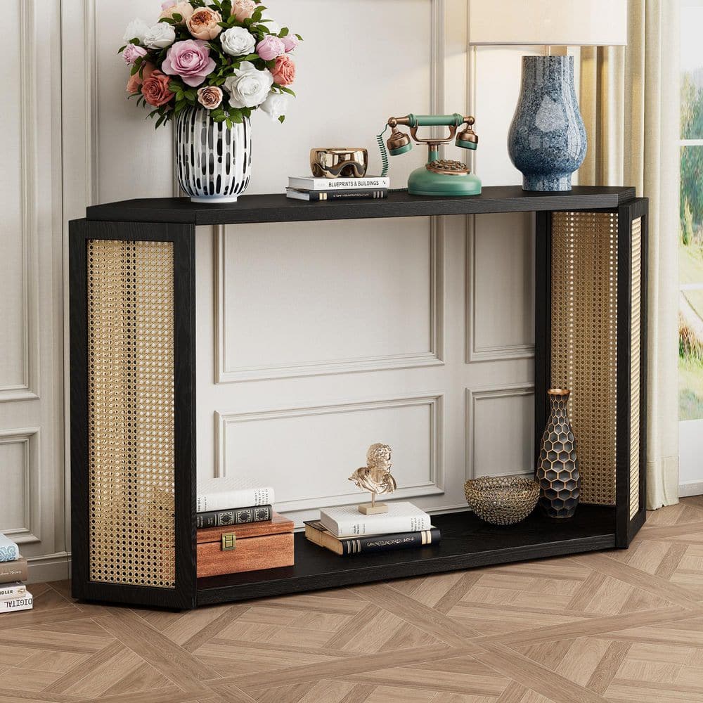 Nestfair 53.54 in. L Black Specialty MDF Console Table with Open Shelf ...