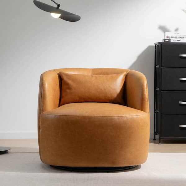 KINWELL Camel Genuine Leather Swivel Barrel Armchair BSC114-CM - The ...