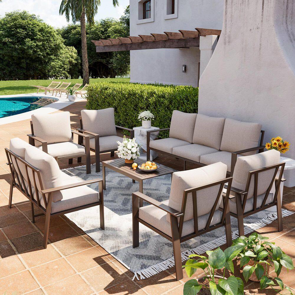 Poteban Brown Aluminum Frame 9-Person Outdoor Conversation Set with Beige Cushions VQ140MS-7-MVQ ...