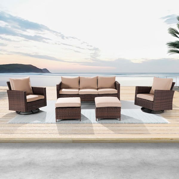 SANLUCE 5-Set Outdoor Brown PE Wicker Furniture Conversation Couch Set ...