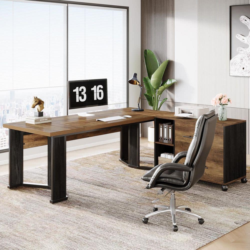 BYBLIGHT Capen 70.86 in. L-Shaped Brown and Black Wood Executive Desk ...