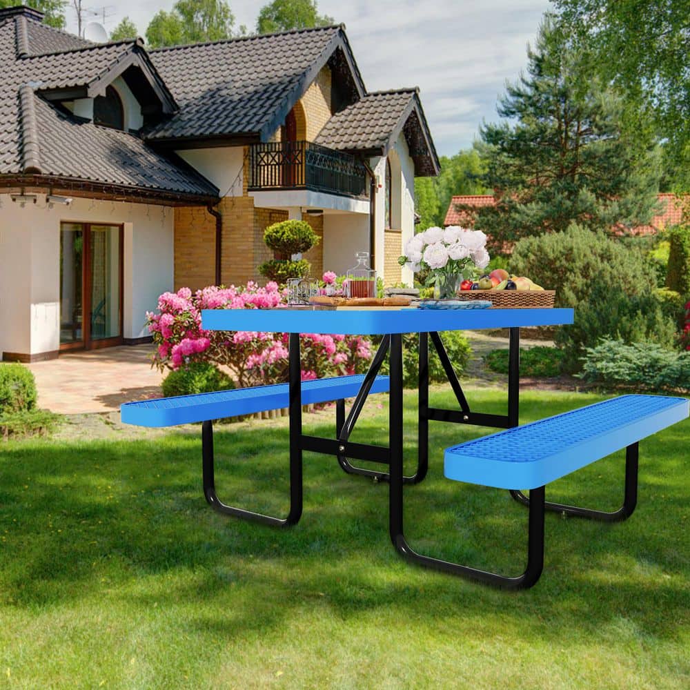 Outdoor 48 in. Thermoplastic Coated Rectangle Steel Picnic Tables 4-Person with Umbrella Hole ...