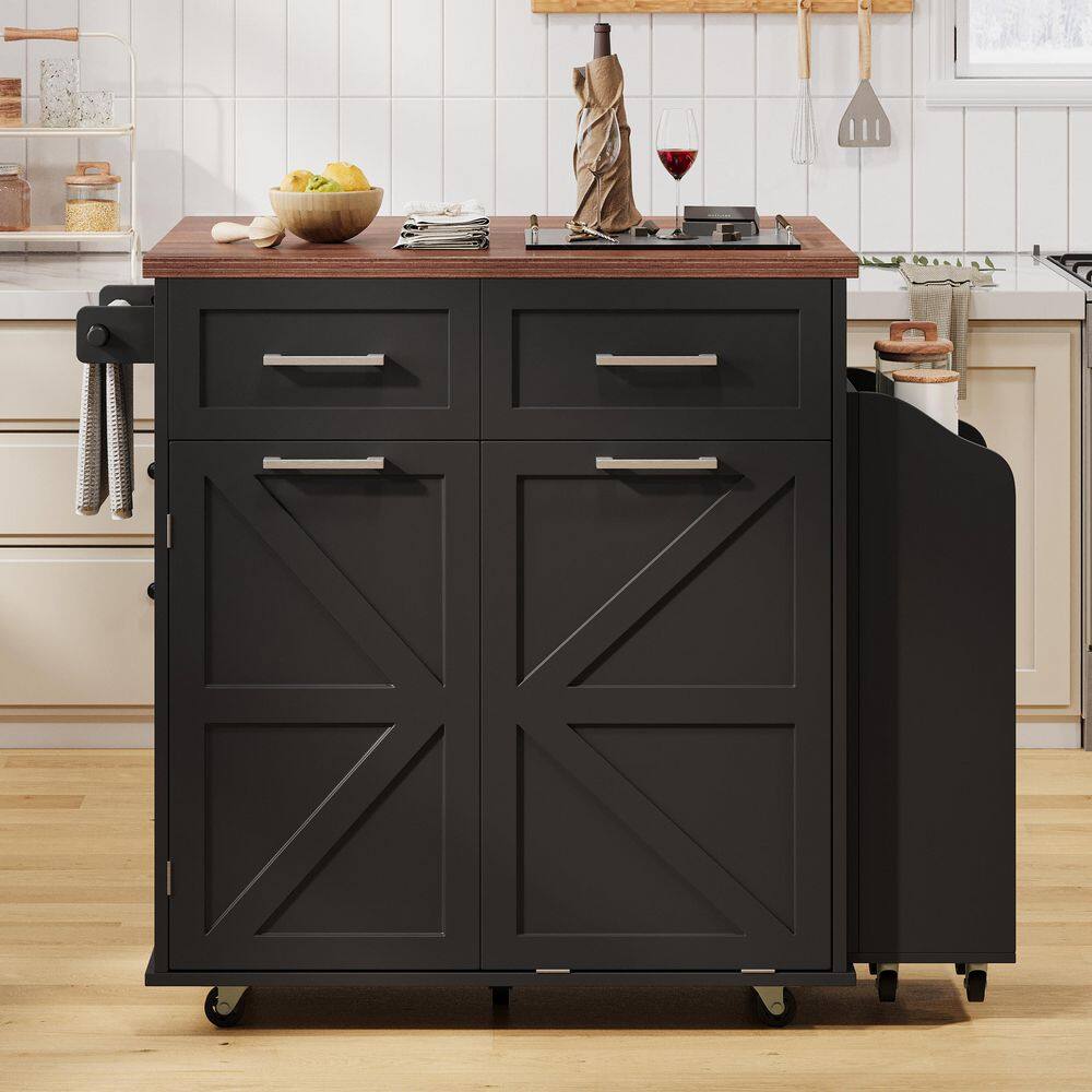 Farmhouse Black Wood 47 in. Kitchen Island with Removable Side Racks ...