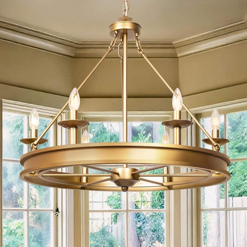 Reviews for ARISKEEN 28 in. 6-Light Gold Wagon Wheel Farmhouse ...