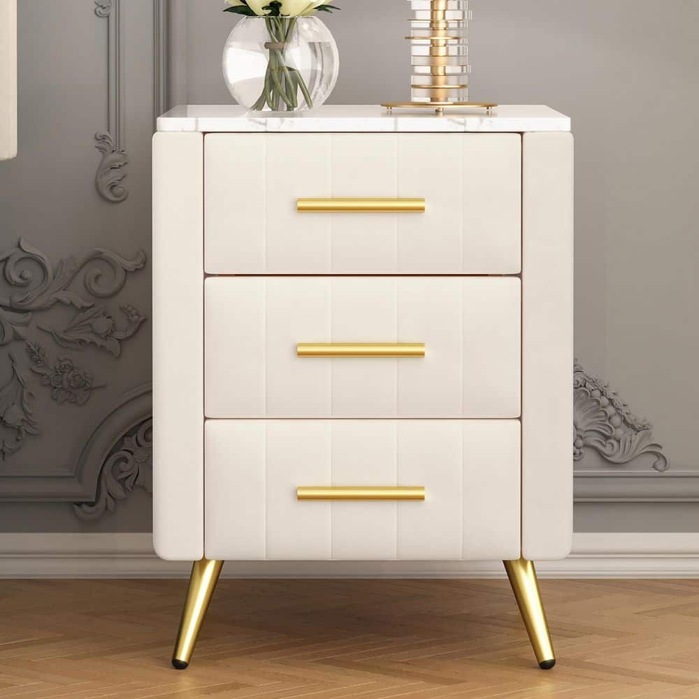 CSC DECOR INC Modern Beige 3-Drawer Nightstands W/ Metal Leg and Handle ...