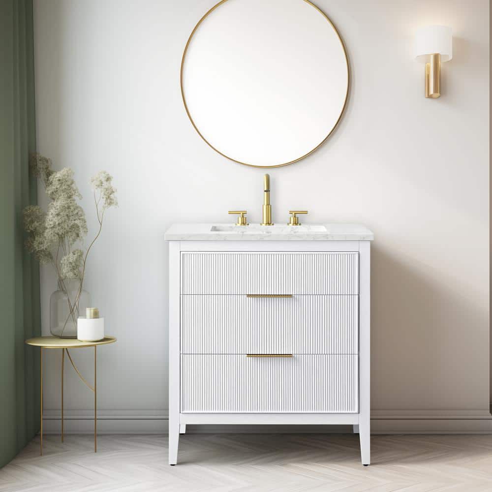 SUDIO Emma 30 in. W Bath Vanity in White with Engineered Stone Top in ...