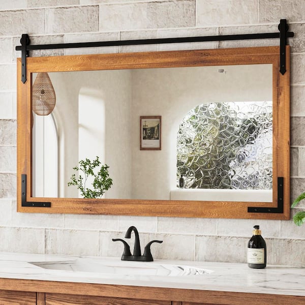 KeonJinn 40 in. W x 26 in. H Rectangular Barn Door Brown Mirrors Wood ...