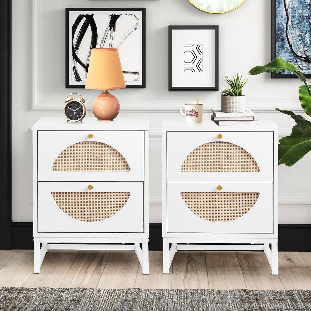 Modern Rattan 2-Drawer White Nightstand (Set of 2) Accent Bedside Table with Storage Cabinet ...