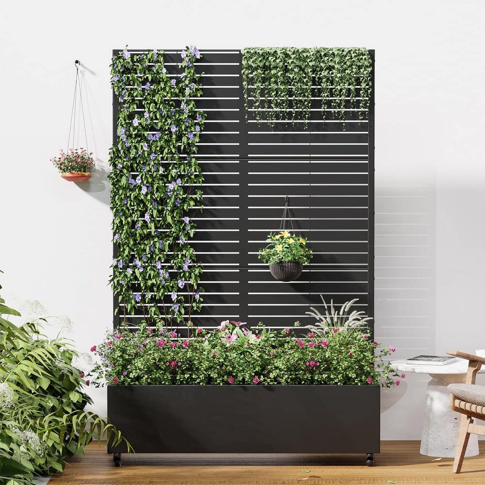 Lirago 71 in. x 47 in. Black Outdoor Metal Privacy Screen Planter Box ...