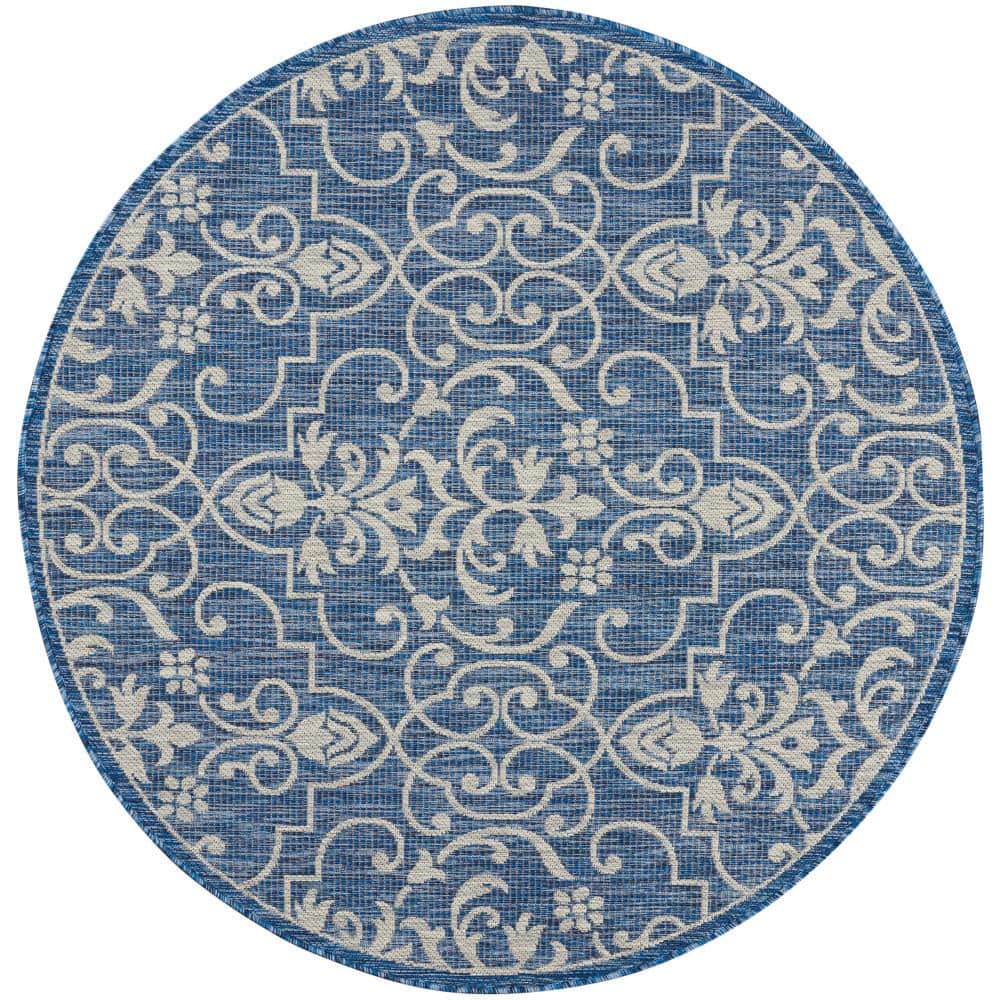 Nourison Garden Party Denim 5 ft. x 5 ft. Round Bordered Transitional ...