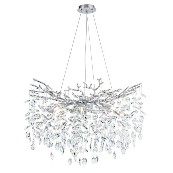 PUYRNF 10-light 30 in. Crystal Silver Tree Branches Dimmable Chandelier ...