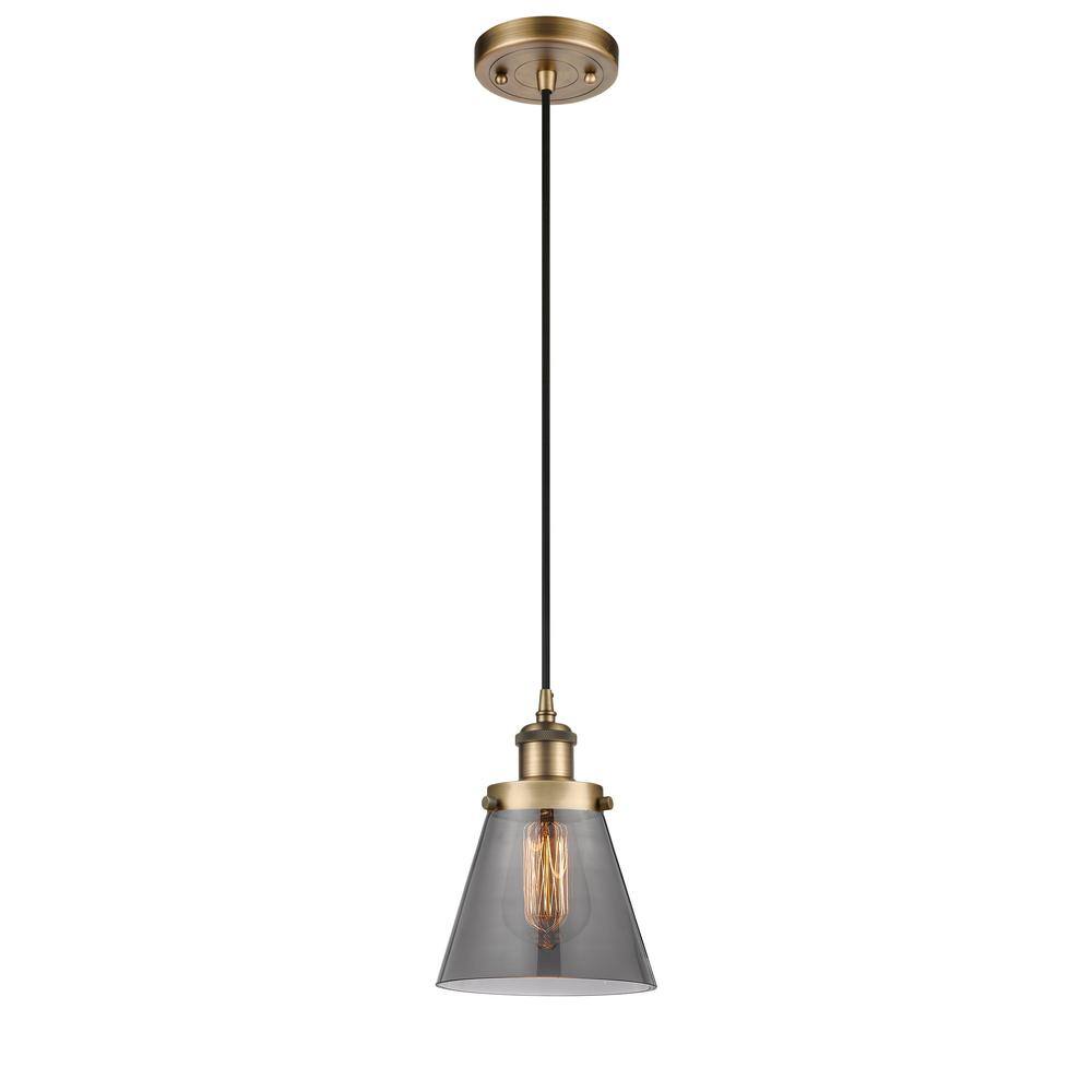 Innovations Cone 60-Watt 1 Light Brushed Brass Shaded Mini Pendant Light with Tinted Glass Shade ...
