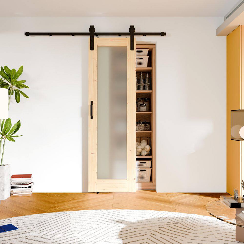 TENONER 28 in. x 80 in. Full Lite Frosted Glass Solid Wood Light Brown ...