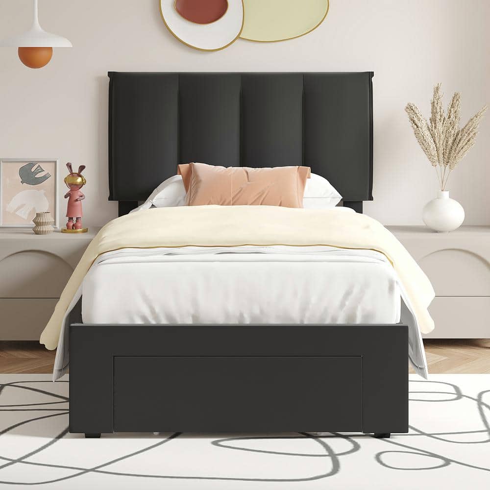 VECELO Bed Frame with Storage Drawer, Black Metal Frame Twin Platform ...
