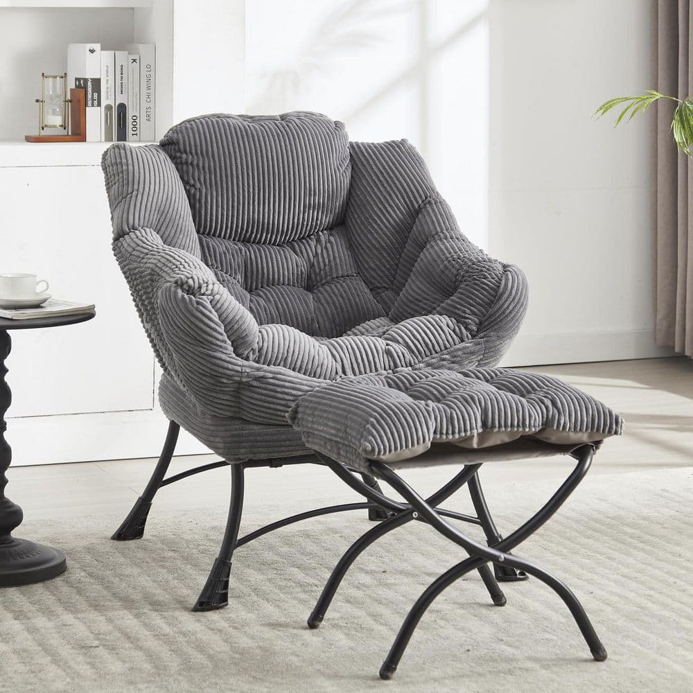 HOMEFUN Modern Comfy Grey Corduroy Lazy Accent Arm Chair with Ottoman ...