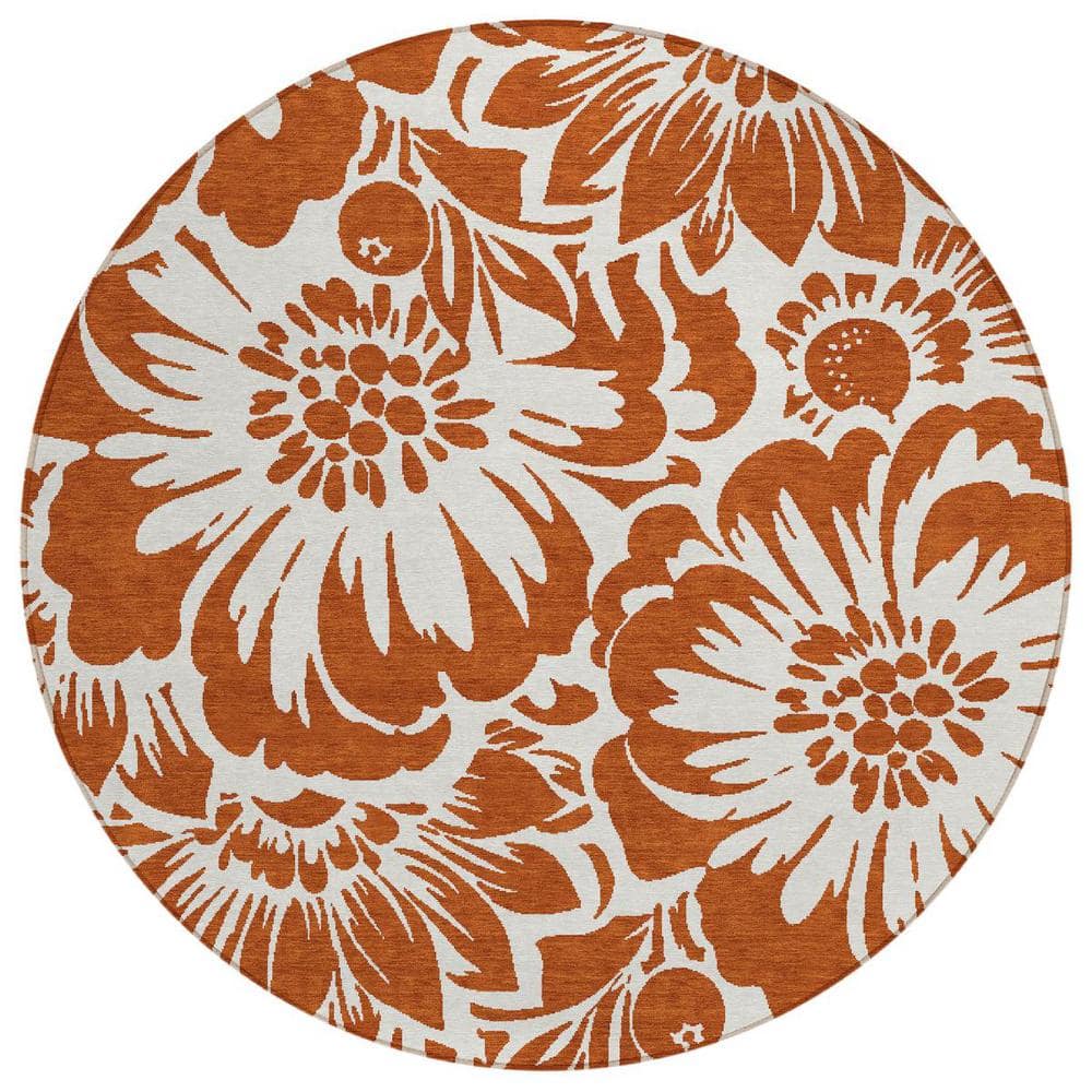 HomeRoots Rust and Ivory 8 ft. Round Woven Floral Round Indoor/Outdoor ...