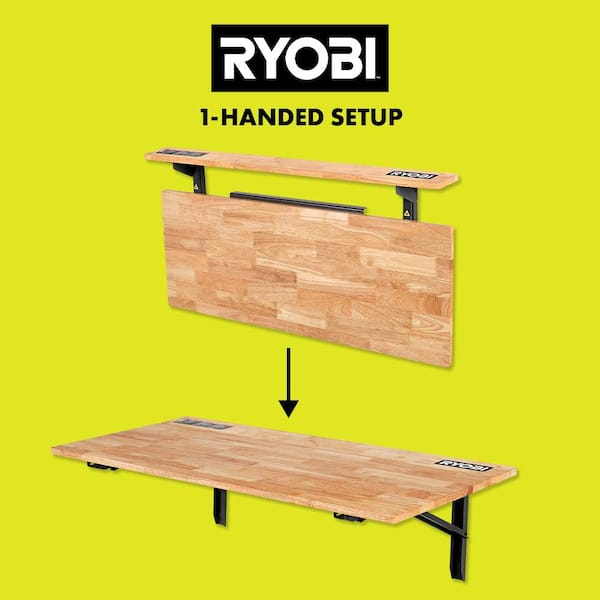 RYOBI Wall Mounted Stow Away Worktable with USB Lithium Clamp Fan Kit ...