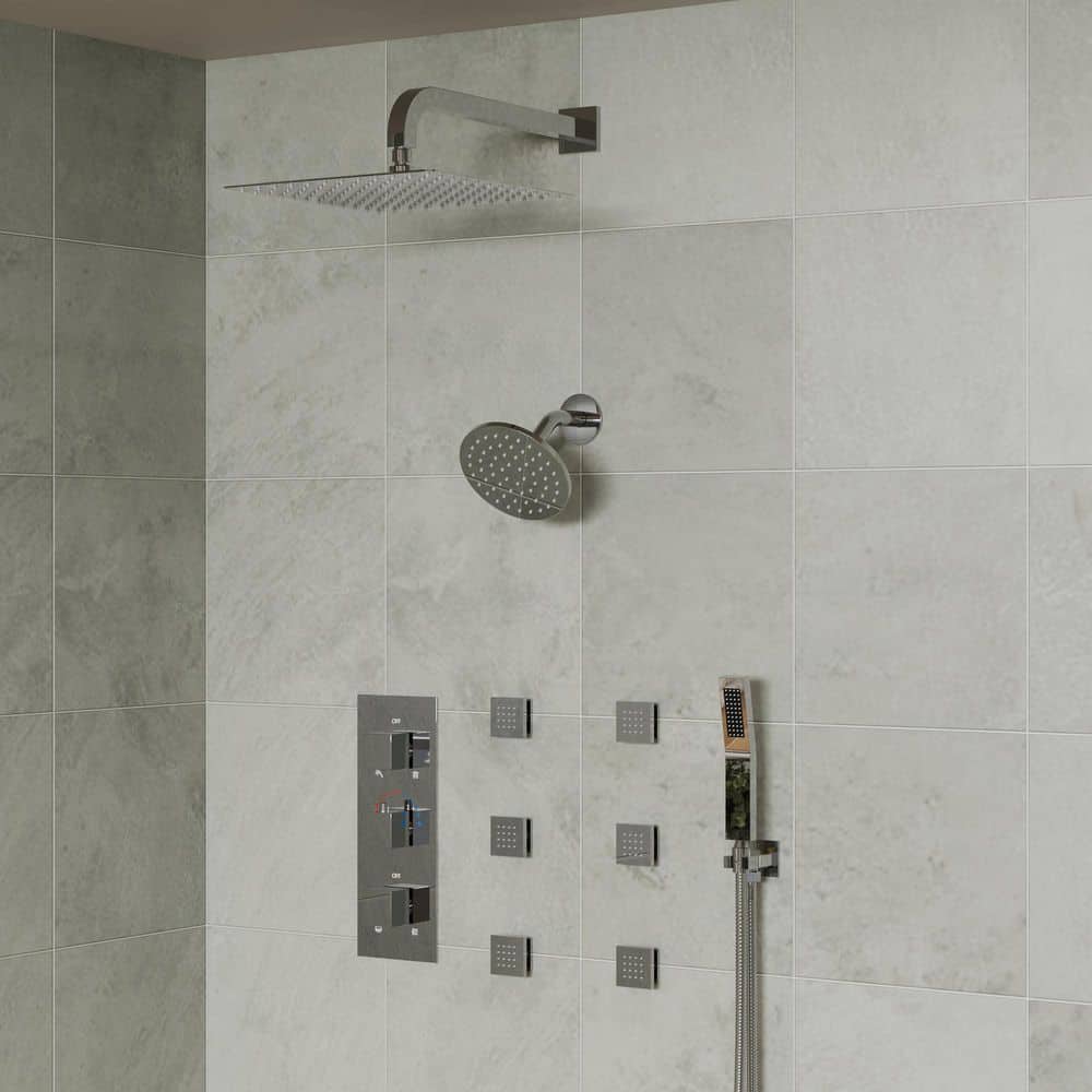 EVERSTEIN 8-Spray Patterns-12 and 6 in. 2.5 GPM Square Wall Mount Dual ...