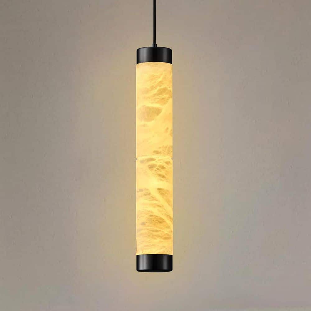YUYI 19 in. 1-Light Black Light, Cylinder Natural Alabaster Pendant ...