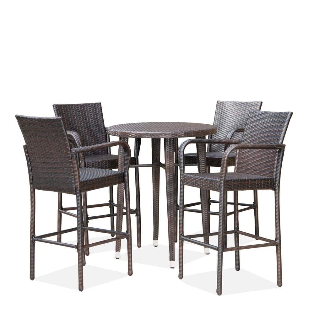 Noble House Patina Multibrown 5-Piece Faux Rattan Round Bar Height ...