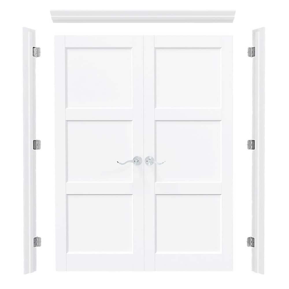 TENONER 56in x 80in 3-Panel, Solid Core, Universal White Composite Double Prehung French Door ...
