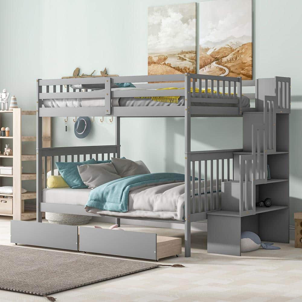 Polibi Full over Full Bunk Bed with 2 Drawers and Staircases ...