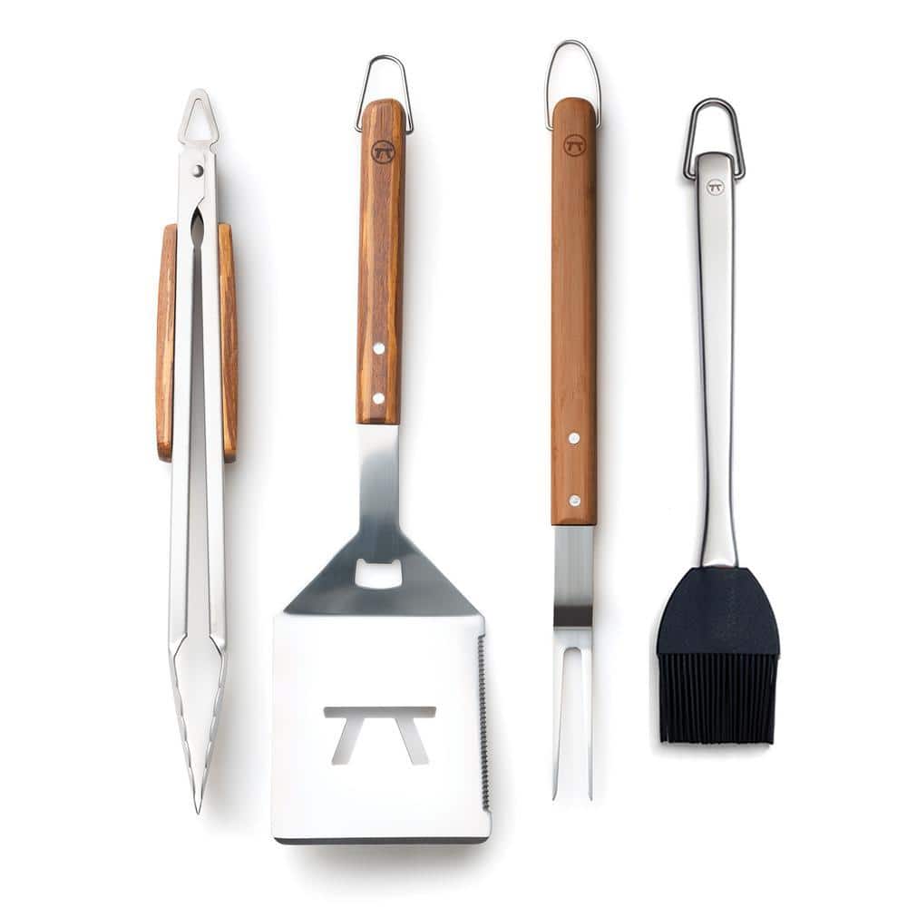 Outset Grande Stainless Steel and Bamboo Grilling Utensil Set, Cooking ...