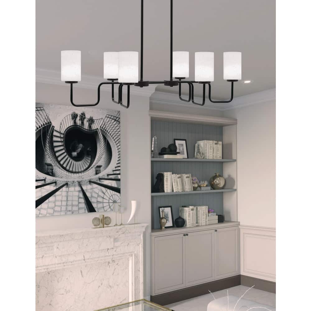 Elonia 6 Light Matte Black Linear Chandelier with 4 in. White Muslin ...