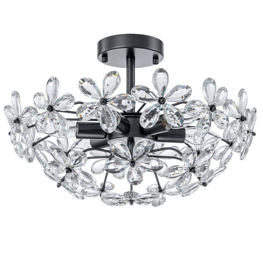 TinHon 18 in. Modern Crystal Flush Mount Ceiling Light, 6-Light Black ...