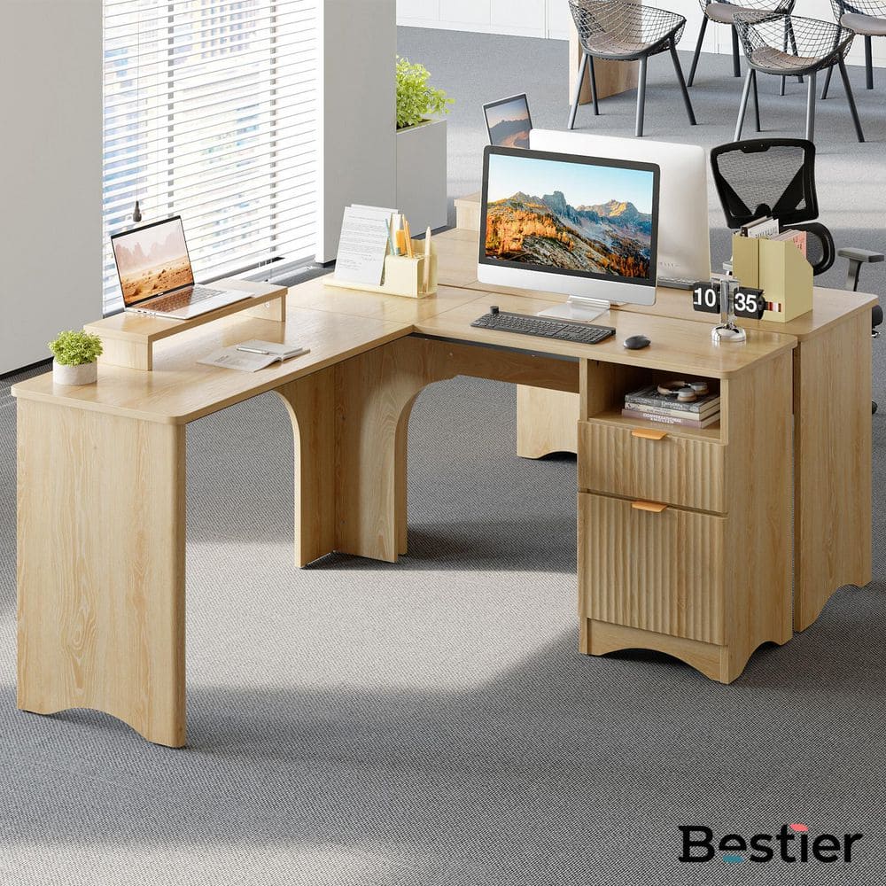 Bestier 55 in. Log 2-Drawers L Shaped Computer Desk with Open Storage ...