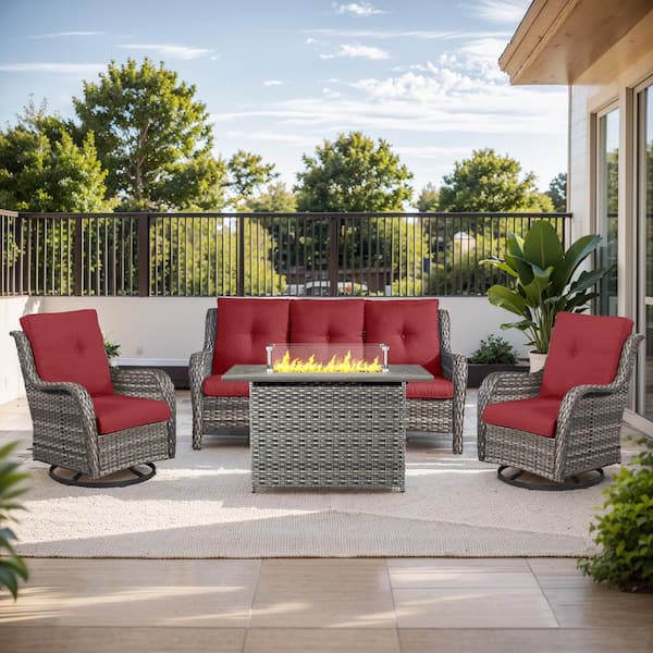 Gymojoy Carolina 4-Piece Outdoor Patio Furniture Set, Gray Wicker Fire ...
