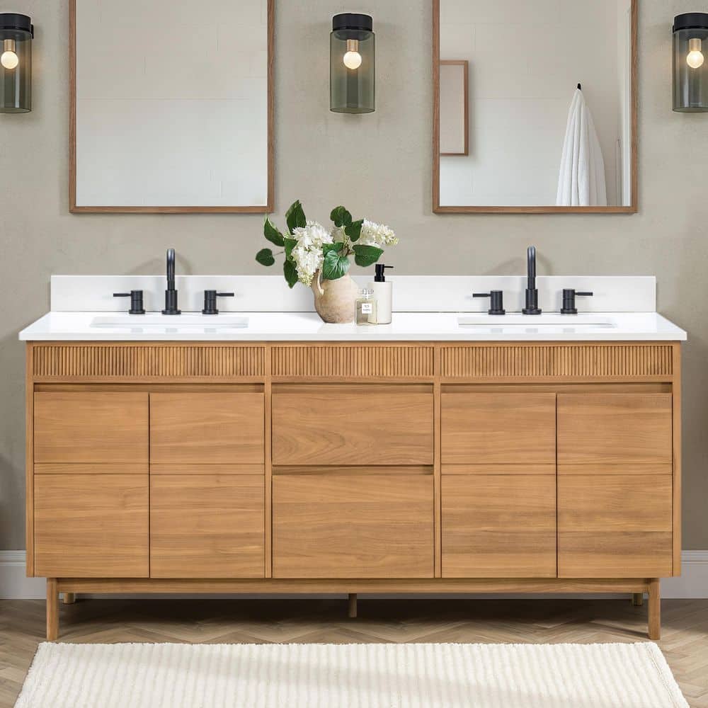 Avanity Kayla 73 in. Double Sink Natural Teak Bath Vanity with White ...