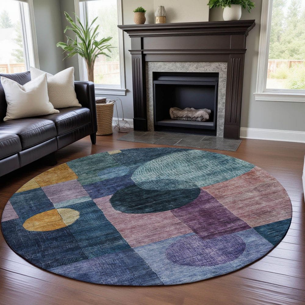 Addison Rugs Mayfield Premium Machine Washable Abstract AMF1114 Blue 8 ft. x 8 ft. Round Rug ...