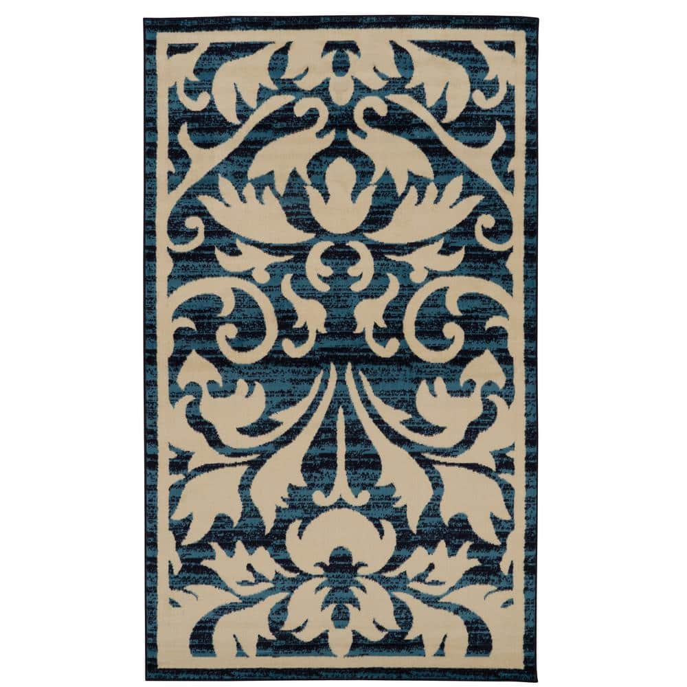 Linon Home Decor Kobe Damask Blue and Bone 4 ft. 4 in. x 7 ft. 3 in ...