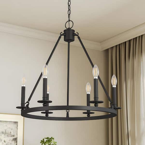 BYBLIGHT 26 in. 6-Light Matte Black Industrial Iron Wagon Wheel ...