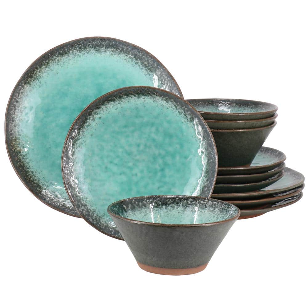 HOMETRENDS Green Lantern 12 Piece Stoneware Dinnerware Set in Green ...