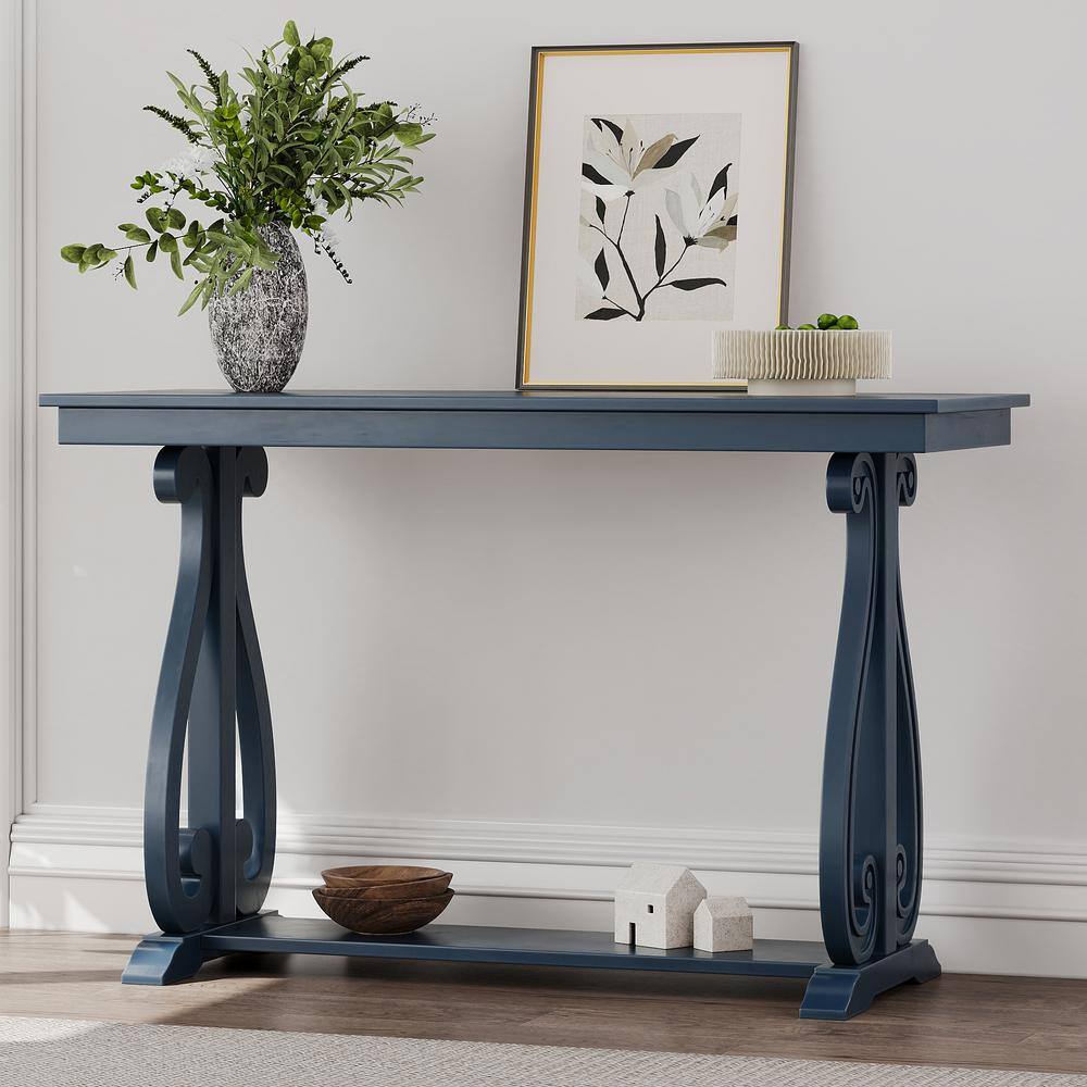 Qualler 48 in. Navy Blue Rectangle MDF Console Table with Curved Legs ...