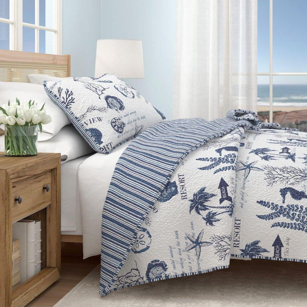 FRESHFOLDS Blue Nautical Coastal Themed King Microrfiber 3-Piece Quilt ...