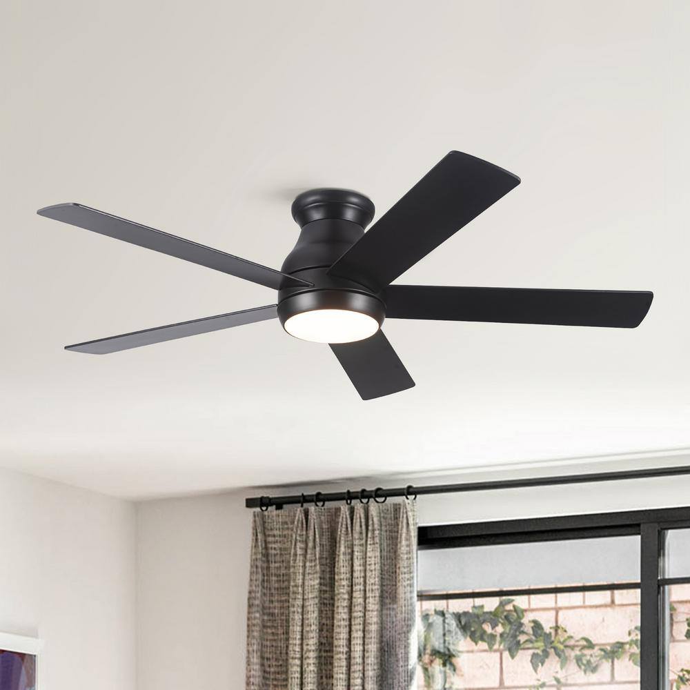 52 in. Indoor Matte Black Ceiling Fan With Light Kit Integrated LED And ...